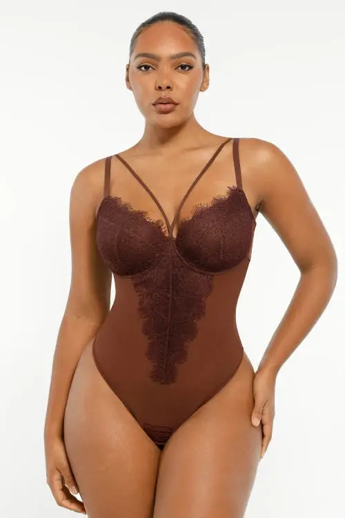 SHAPELLX Sheer Lace Mesh Bodysuit - Espresso