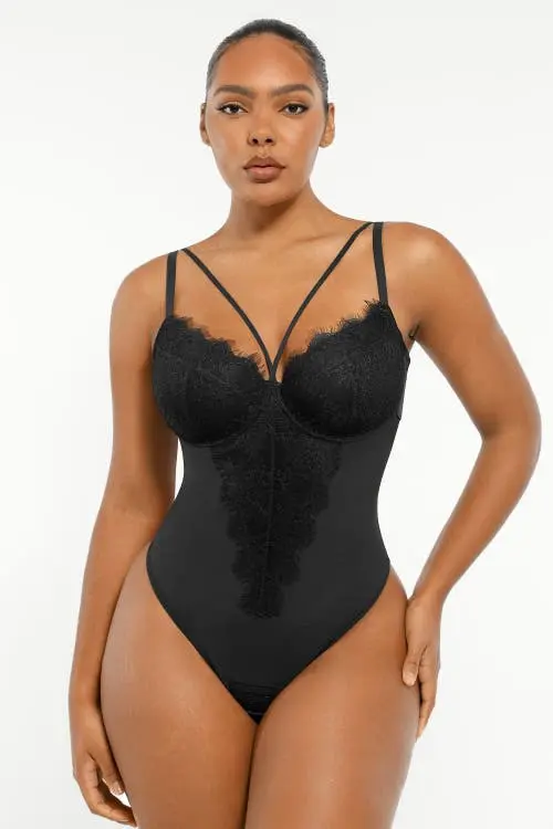 SHAPELLX Sheer Lace Mesh Bodysuit - Matte Black