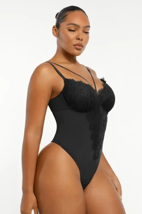 SHAPELLX Sheer Lace Mesh Bodysuit - Matte Black