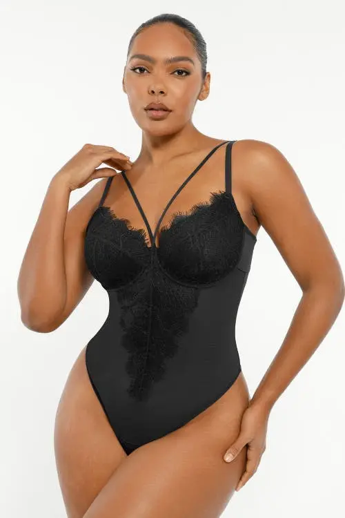 SHAPELLX Sheer Lace Mesh Bodysuit - Matte Black