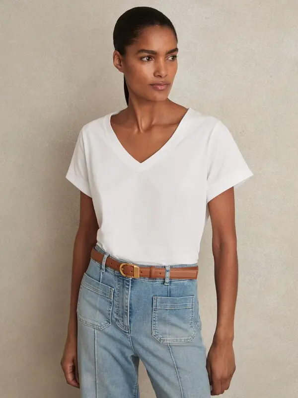 REISS Luna Brushed-cotton V-neck T-shirt - White