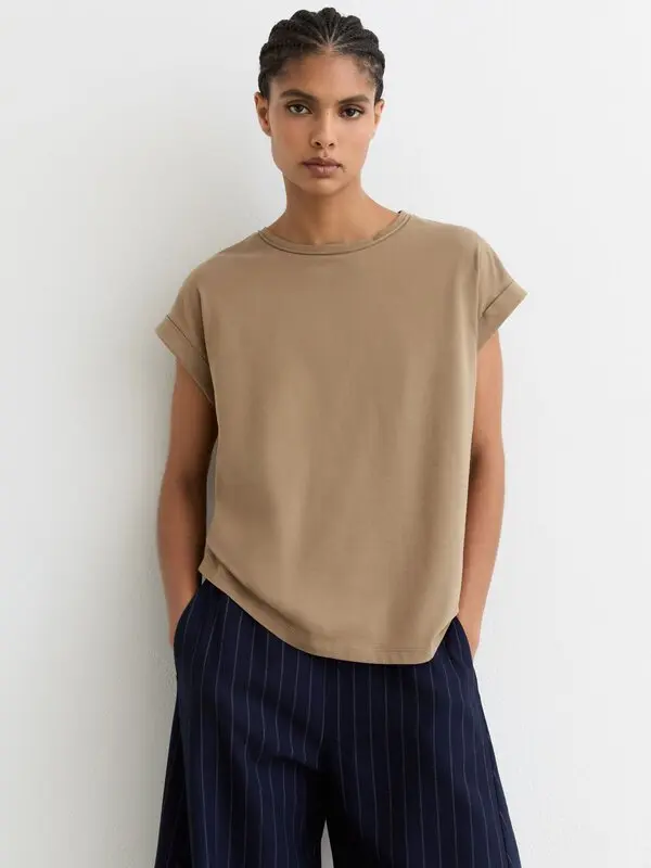 REISS Brushed Cotton Crew-neck T-shirt - Taupe Neutral