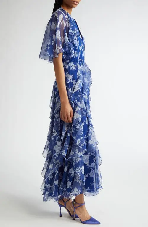 Carolina Herrera Floral Print Ruffle Silk Chiffon Midi Dress