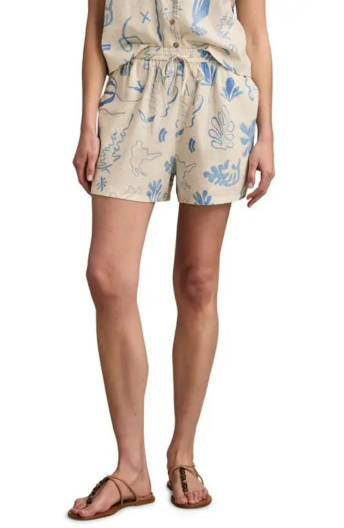 Lucky Brand Linen Blend Drawstring Shorts - Blue Coral Print