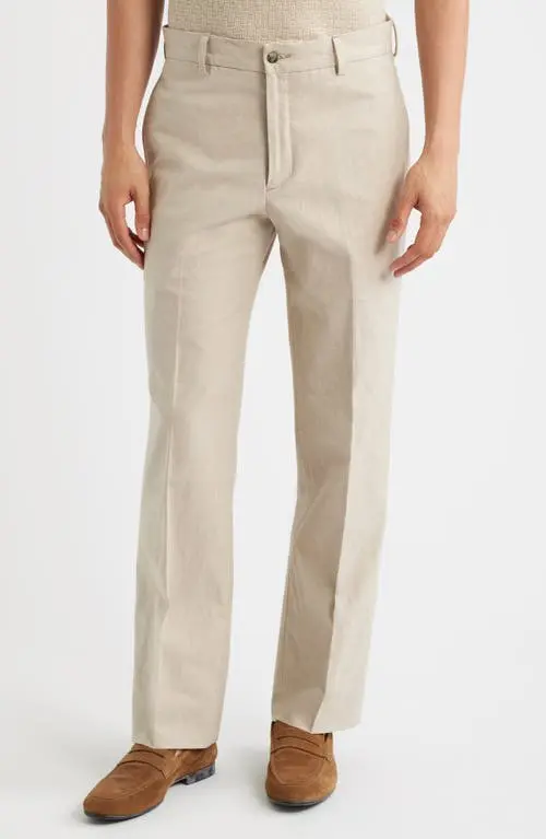 Berle Flat-front Cotton And Linen Straight-leg Trousers - Khaki