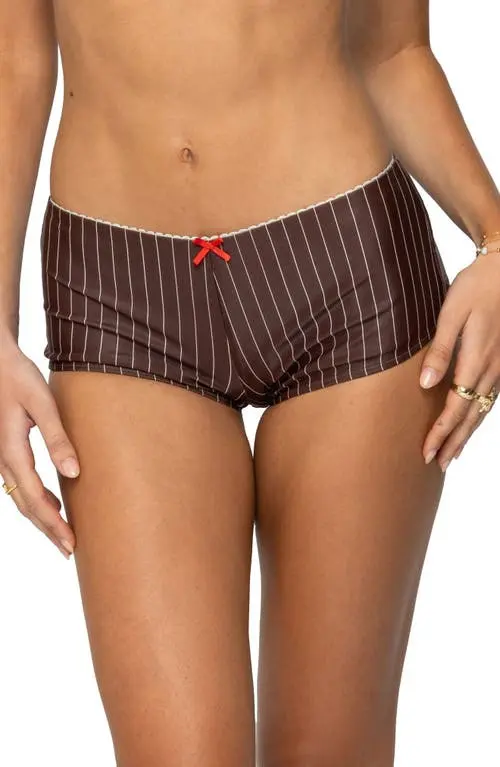 EDIKTED Pinstripe Boyshorts Bikini Bottoms - Brown