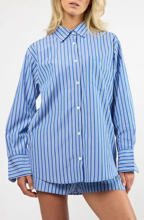 VIENS AVEC MOI Striped Cotton Blend Button-up Shirt - Blue