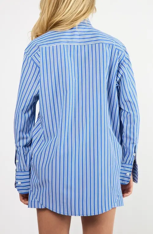VIENS AVEC MOI Striped Cotton Blend Button-up Shirt - Blue