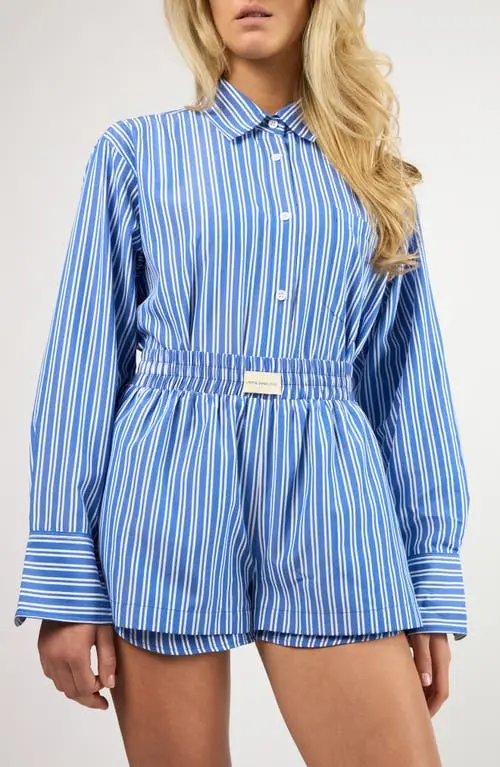 VIENS AVEC MOI Striped Cotton Blend Button-up Shirt - Blue