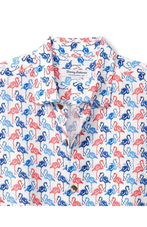 Tommy Bahama Veracruz Cay Flamingo Mingle Short Sleeve Button-up Shirt - White