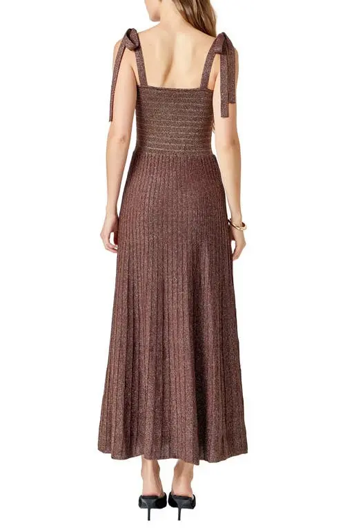 Endless Rose Tie Strap Metallic Maxi Sweater Dress - Brown