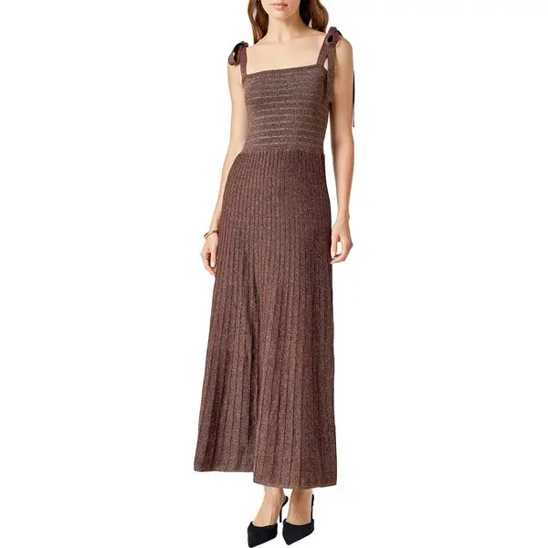 Endless Rose Tie Strap Metallic Maxi Sweater Dress - Brown