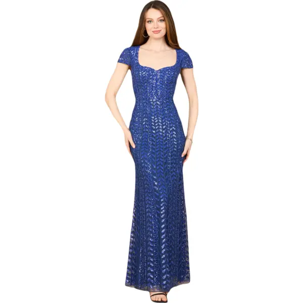 LARA NEW YORK Beaded Mermaid Gown With Cap Sleeves - Blue
