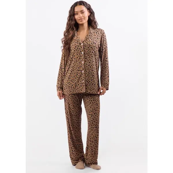 CRICKLE DAISY A Leopard Doesn't Change Its Spots Long Pajama Set - Light Brown/ Black