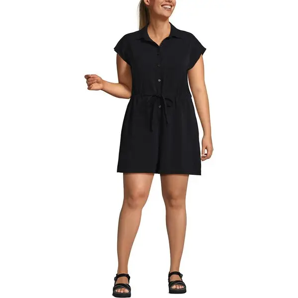 LANDS' END Cap Sleeve Creaseless Button-down Romper - Black