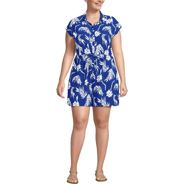 LANDS' END Cap Sleeve Creaseless Romper - Vibrant Lapis Tropic Floral