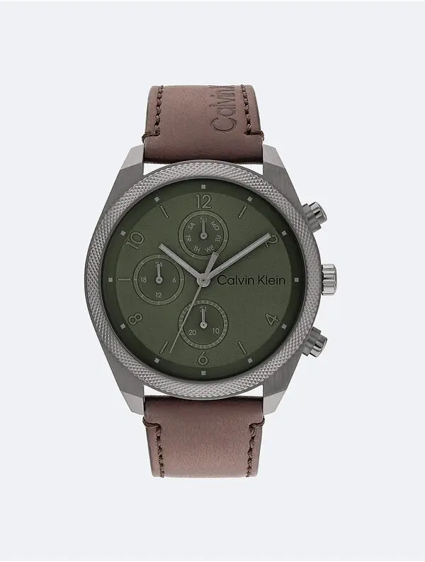 Calvin Klein Leather Strap Chronograph Watch - Green