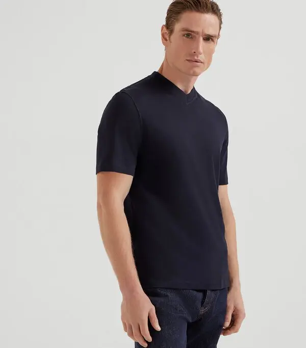 Brunello Cucinelli Cotton V-Neck T-Shirt - Blue | Editorialist