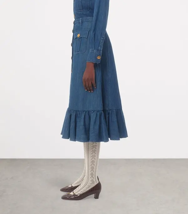 Valentino Garavani Denim Midi Skirt With V-detail Buttons - Blue