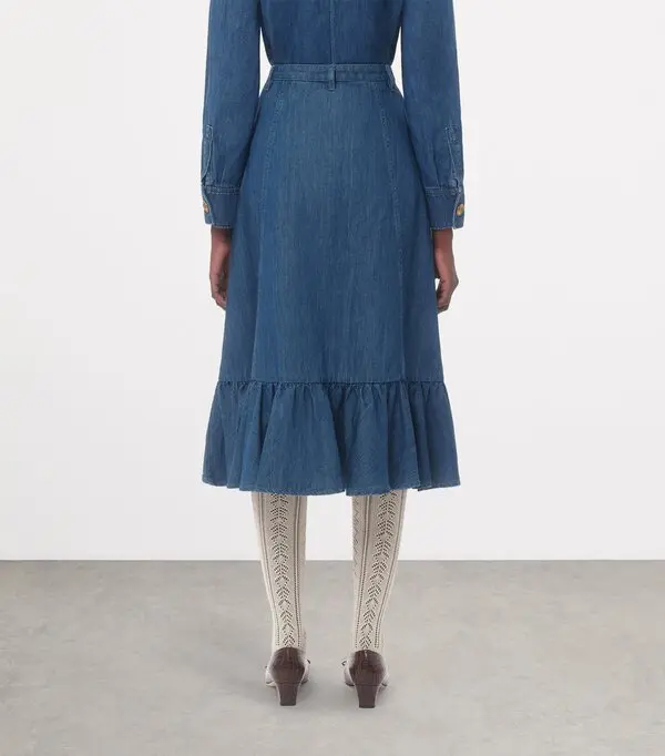 Valentino Garavani Denim Midi Skirt With V-detail Buttons - Blue