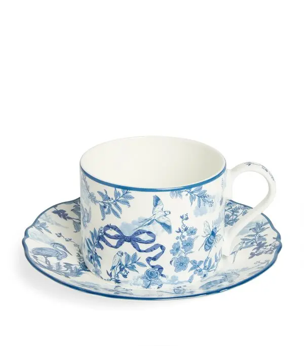 Harrods Bone China Toile Teacup And Saucer - Blue