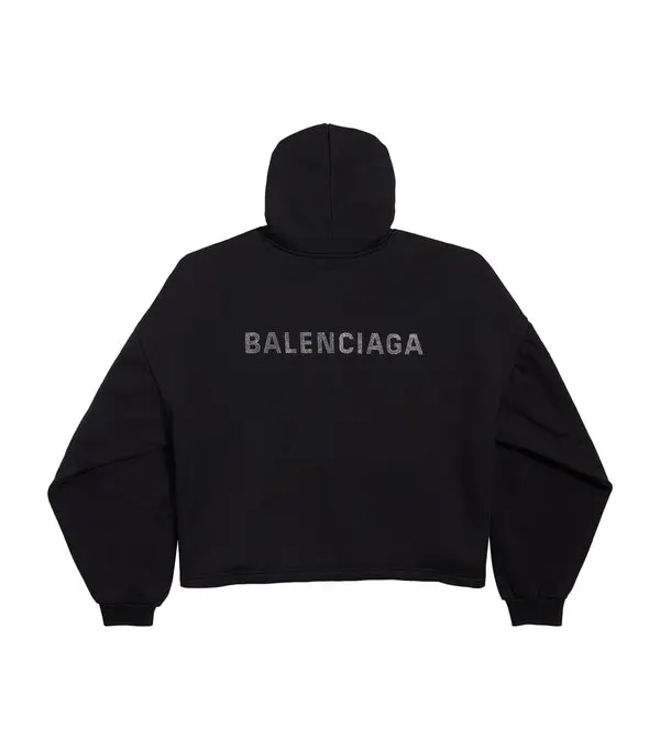 Balenciaga Rhinestone-logo Cropped Hoodie - Black