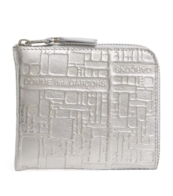Comme Des Garçons Leather Zipped Logo Embossed Card Holder - Silver
