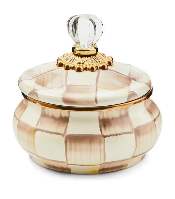 MACKENZIE-CHILDS Mocha Check Lidded Squashed Pot - Beige