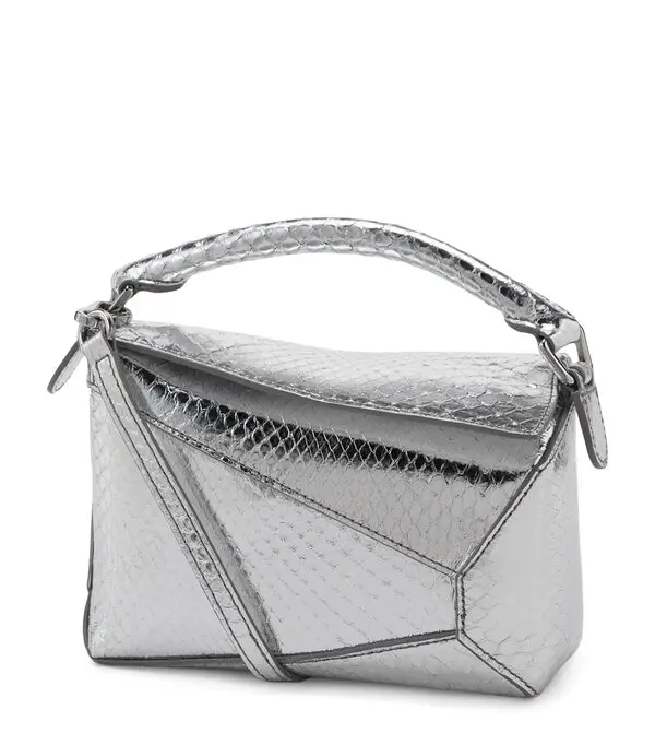 Loewe Mini Python Puzzle Edge Top-handle Bag - Silver