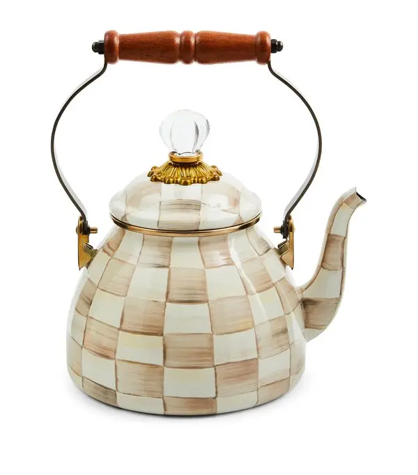MACKENZIE-CHILDS Mocha Check Enamel Tea Kettle - Beige
