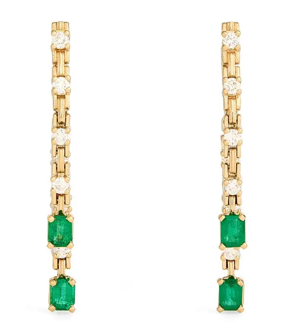 AZLEE Diamond And Emerald Pirouette Strand Earrings - Gold