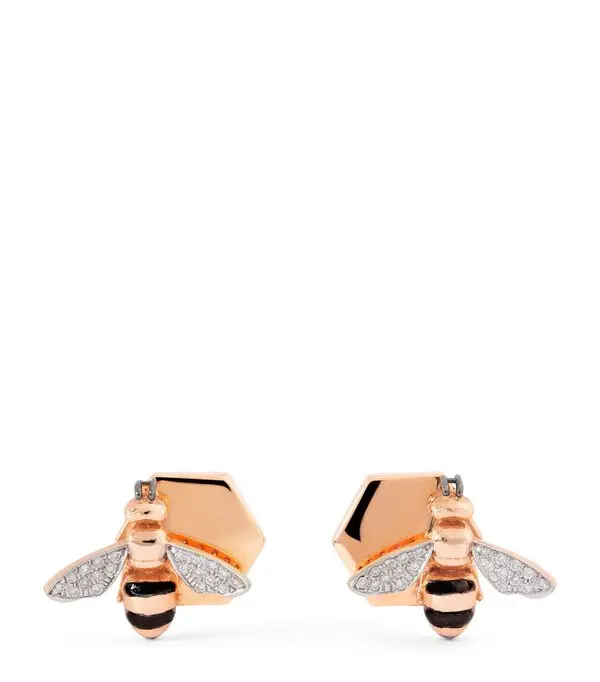 BEE GODDESS Diamond Honeycomb Bee Stud Earrings - Rose Gold