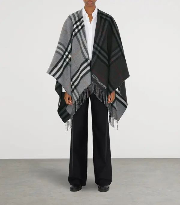 Burberry Wool-cashmere Contrast-check Cape - Grey