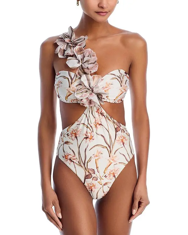PatBO Botanic Retro Flower Applique One Piece Swimsuit - Off White