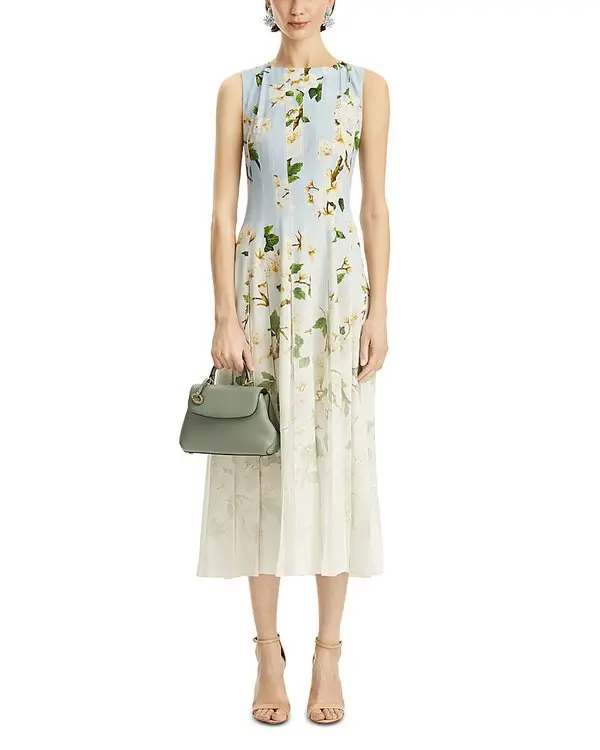 Oscar De La Renta Sleeveless Cherry Blossom Cady Dress - White Blue Ombre