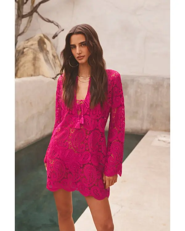 L'Agence Ansley Paisley Crochet Cover Up Dress - Fuchsia