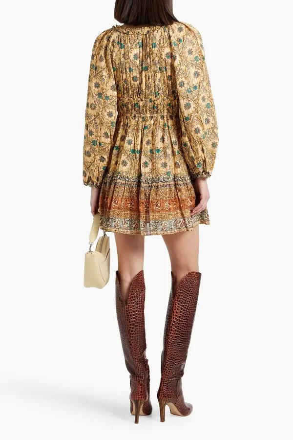 Ulla Johnson Val Gathered Printed Mini Dress Mustard 55% Off