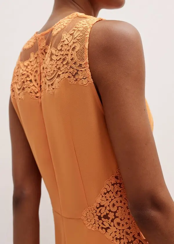 me and em orange lace dress ME+EM Lace Sleeveless Midi Dress Mango Orange - Women's - Recycled Crepe + Lace