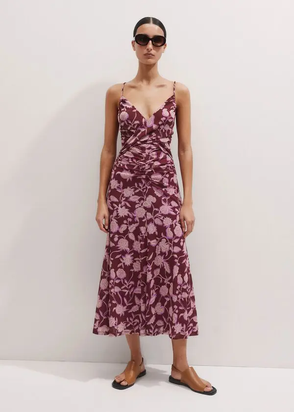 ME+EM Midnight Hibiscus Print Ruched Maxi Dress