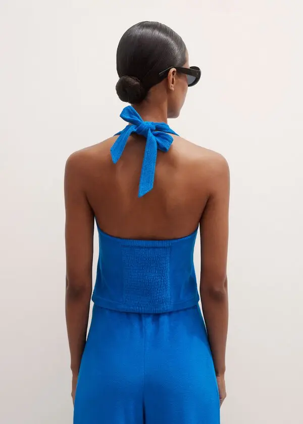 ME+EM Towelling Halterneck Crop Top - Lapis Blue