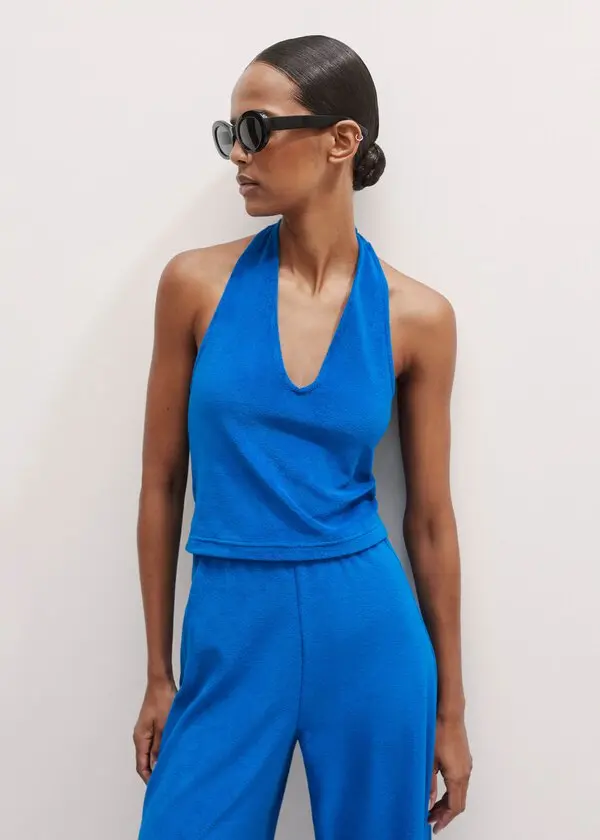ME+EM Towelling Halterneck Crop Top - Lapis Blue