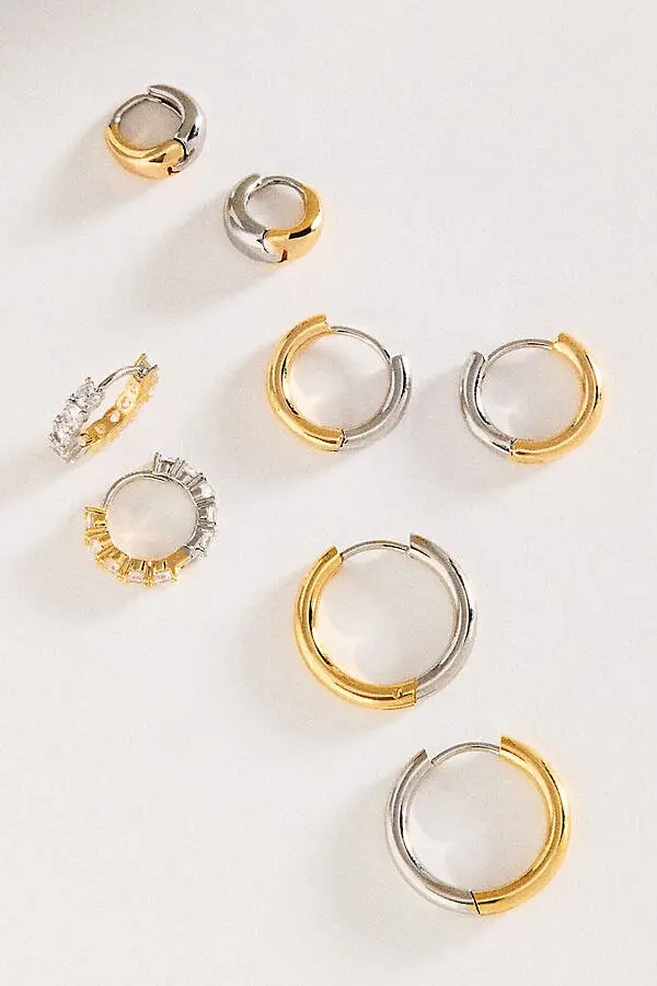 Anthropologie Classic Huggie Hoop Earrings, Set Of 4 - Gold & Silver