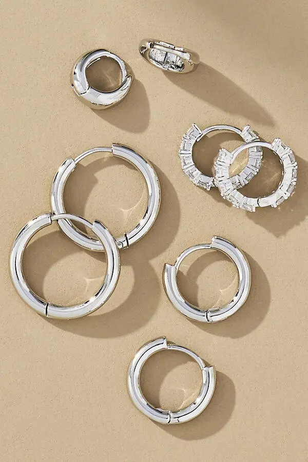 Anthropologie Classic Huggie Hoop Earrings, Set Of 4 - Silver
