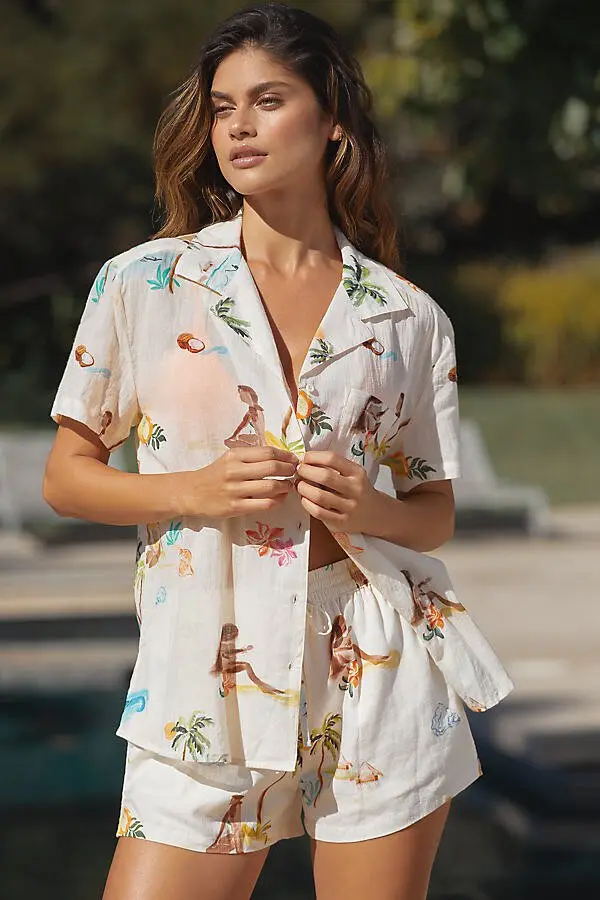 Seafolly Isla Palm Linen Blend Short-sleeve Buttondown Shirt
