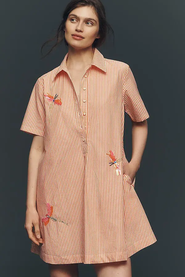 Anthropologie Pollie Embroidered Tunic Mini Dress - Orange Stripe