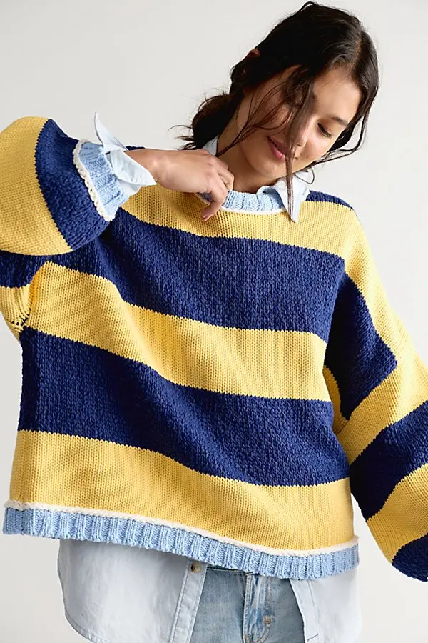 Free People Colorblocked Pullover Sweater - Midnight Combo