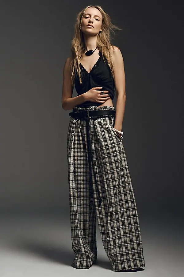 Free People Plaid Wide-leg Trousers