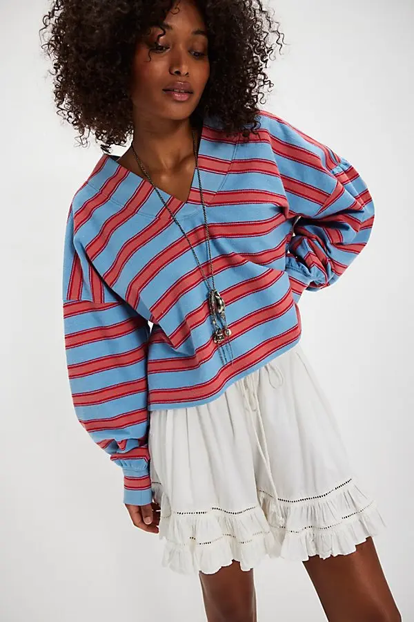 Free People Caddy Striped Cotton Terry Sweatshirt