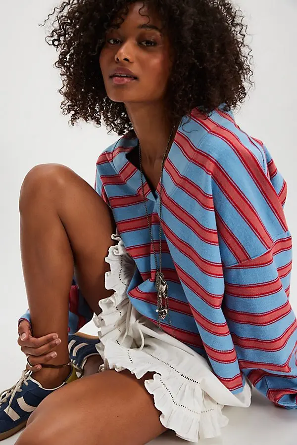 Free People Caddy Striped Cotton Terry Sweatshirt
