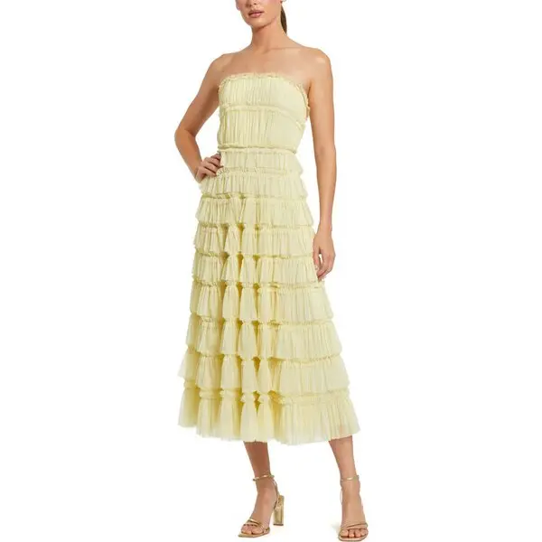 Mac Duggal Solid Mesh Micro Ruffle Strapless Midi Dress - Buttercup